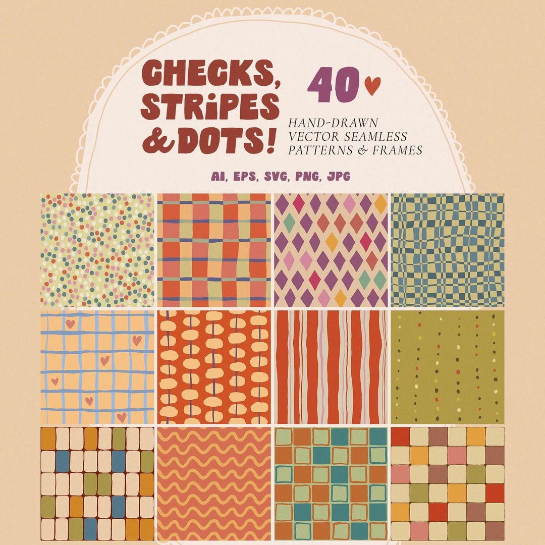 Checkered, Stripes, Tiles, Plaid, Polka Dot Hand Drawn Vector Seamless ...