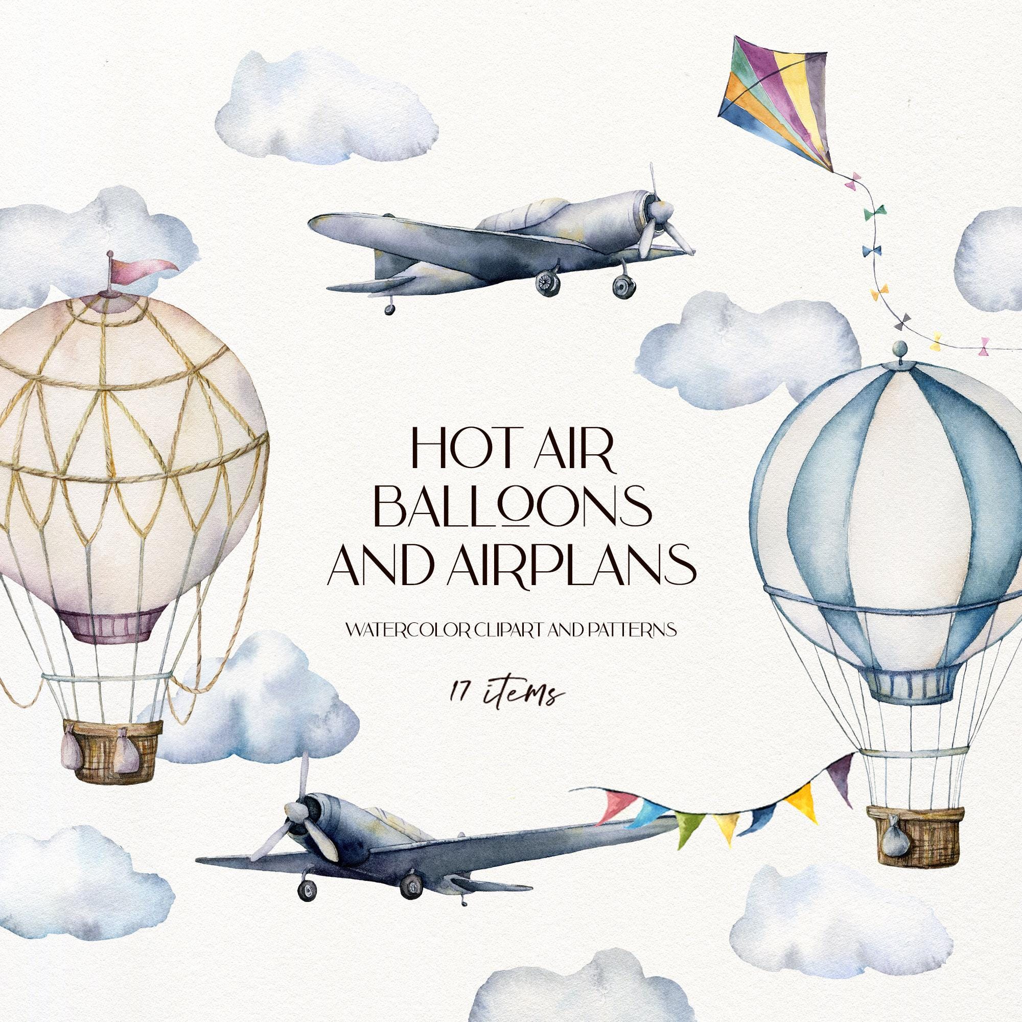Hot Air Balloon Airplane Clipart Watercolor, Air Transport Watercolor ...