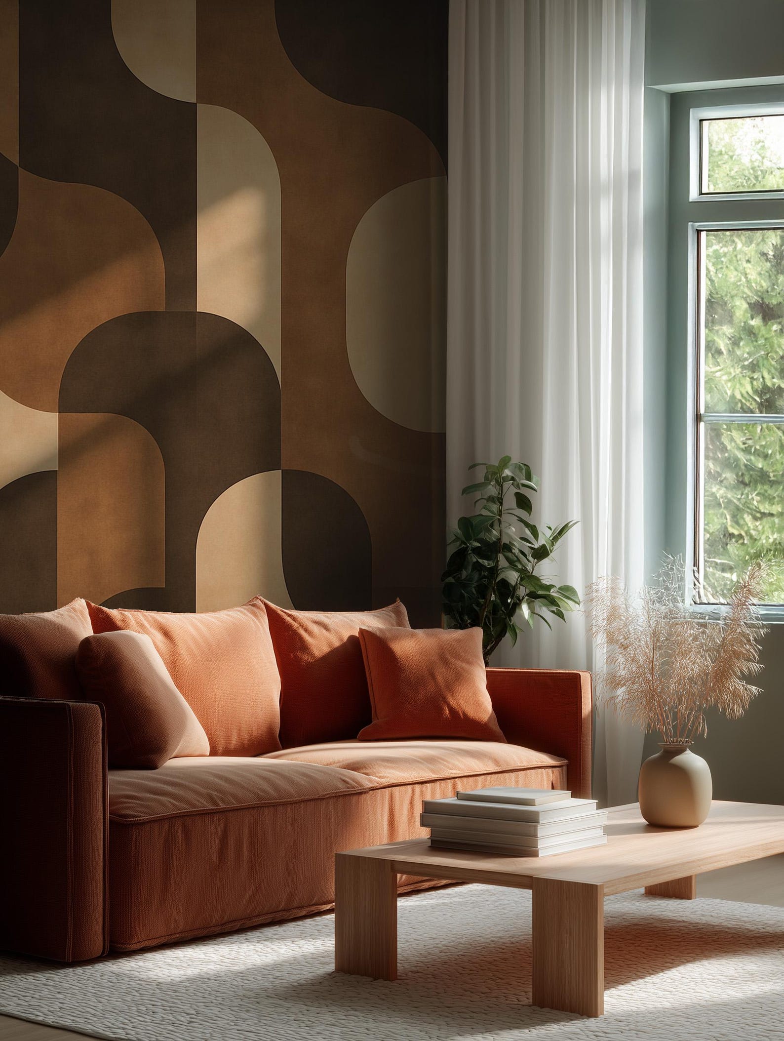 Warm Earthy Abstract Wallpaper: Modern Geometric Curves Mural - Etsy