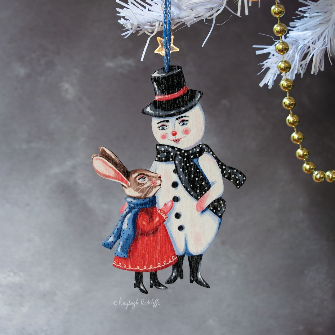 Snowman and Rabbit Christmas Tree Hanging Ornament, Made From Wood ...