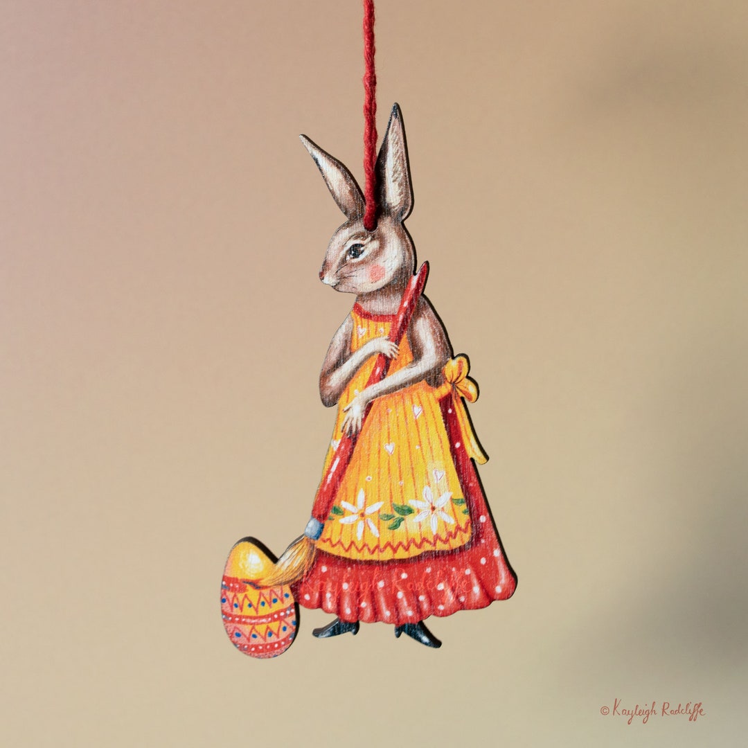 Easter Hanging Ornament Made From Wood, Featuring a Rabbit Painting an ...