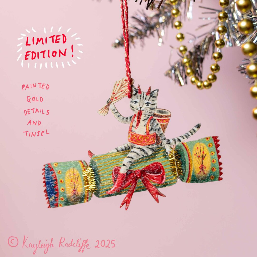 Wooden Christmas Krampus Cat Cracker With Tinsel and Gold Details. Hand ...