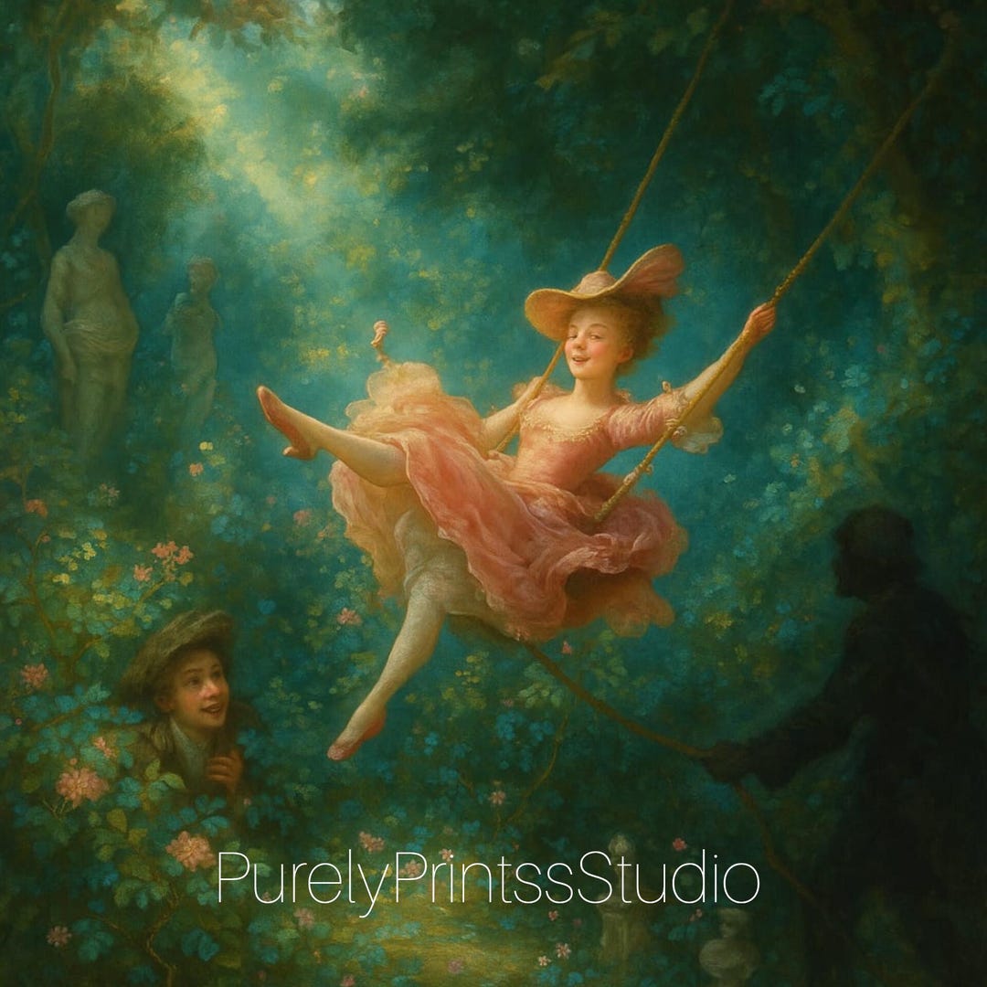 Rococo Elegance Wall Art Print – Whimsical Girl on Swing, Romantic ...