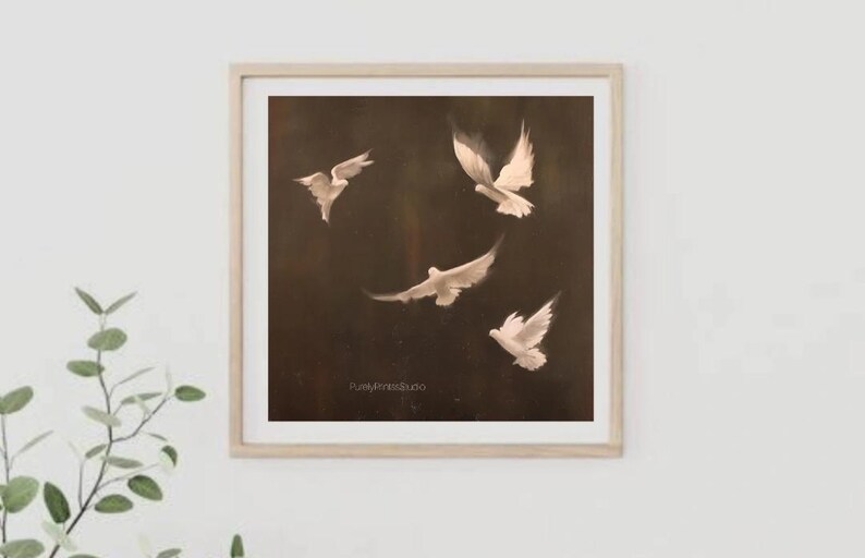 Elegant White Doves in Flight -- Serene Nature Wall Art Print Vintage Dove Painting Peaceful ...