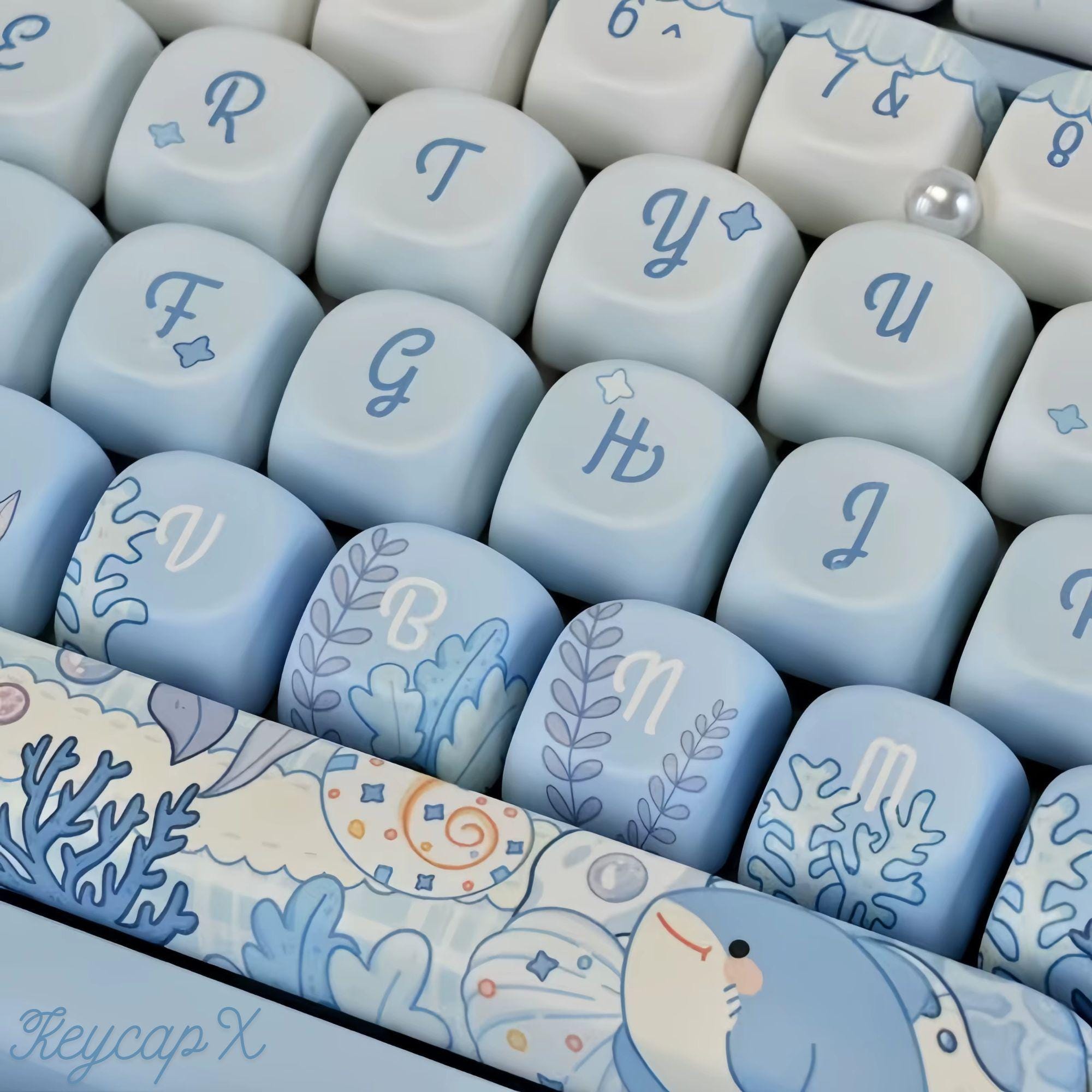 Blue Sea Cute Keycap Set MOA 130 Keys: Kawaii Ocean PBT, Five-sided Dye ...