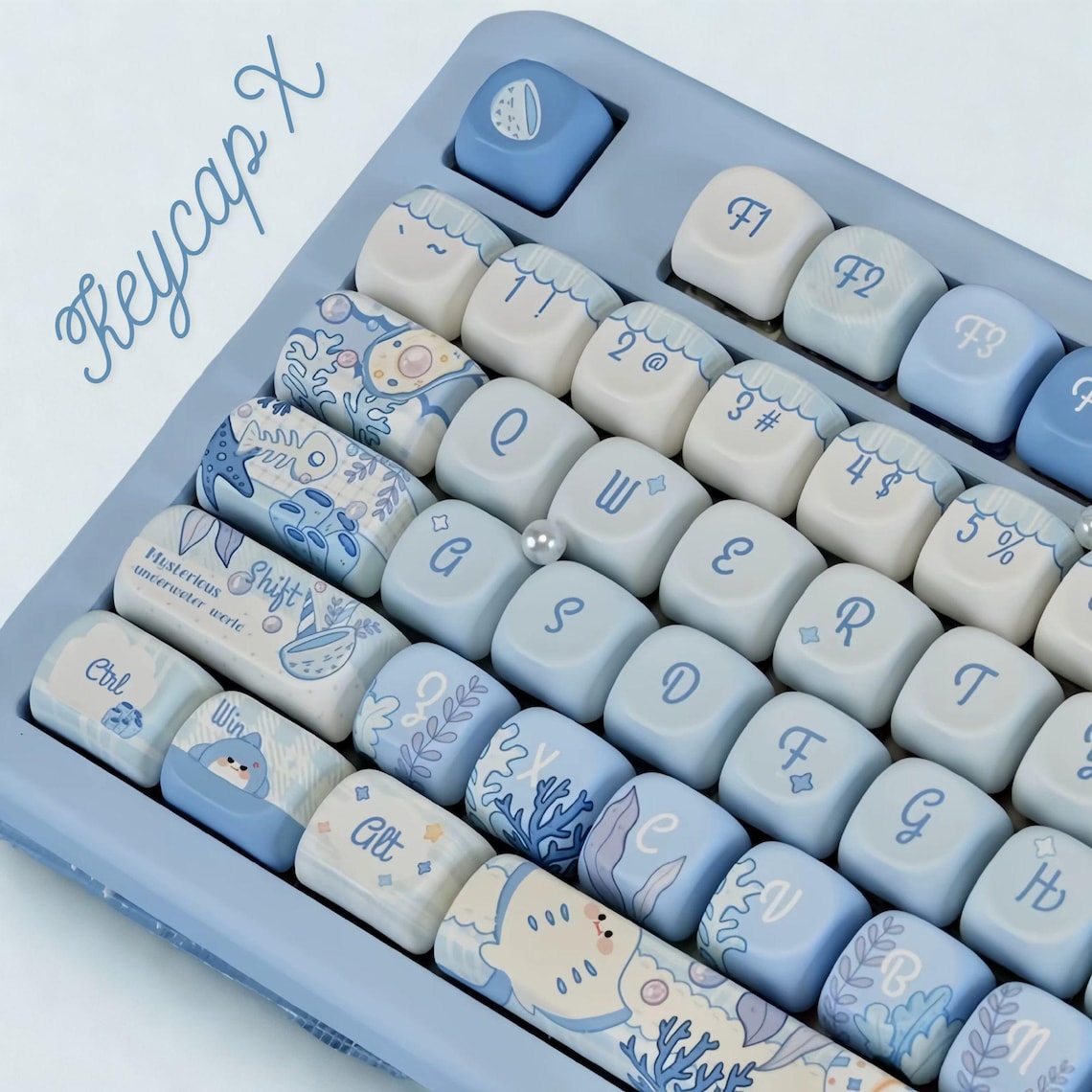 Blue Sea Cute Keycap Set MOA 130 Keys: Kawaii Ocean PBT, Five-sided Dye ...