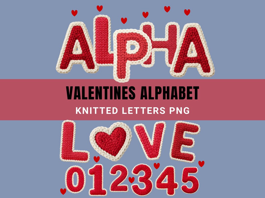 Valentines Knitted Alphabet PNG Font Bundle, 3D Crochet Letters, Red ...