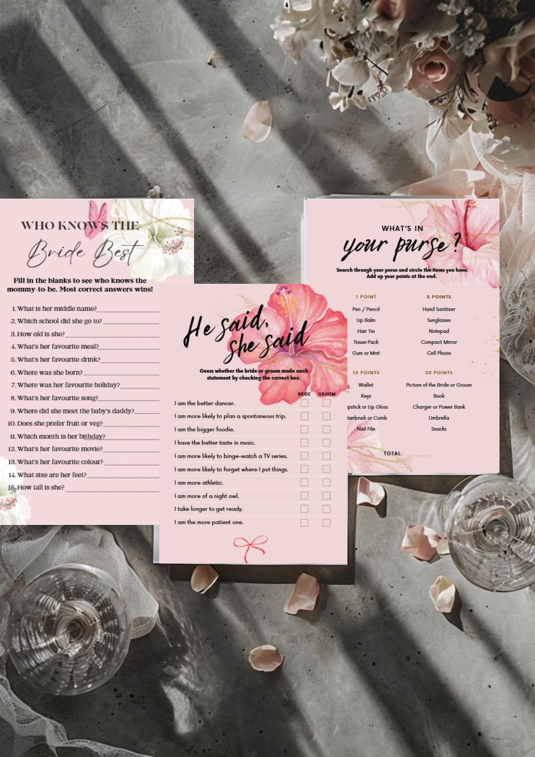 Pink Wildflower Bridal Shower Games Set - Pink Theme Party Trivial Pack ...