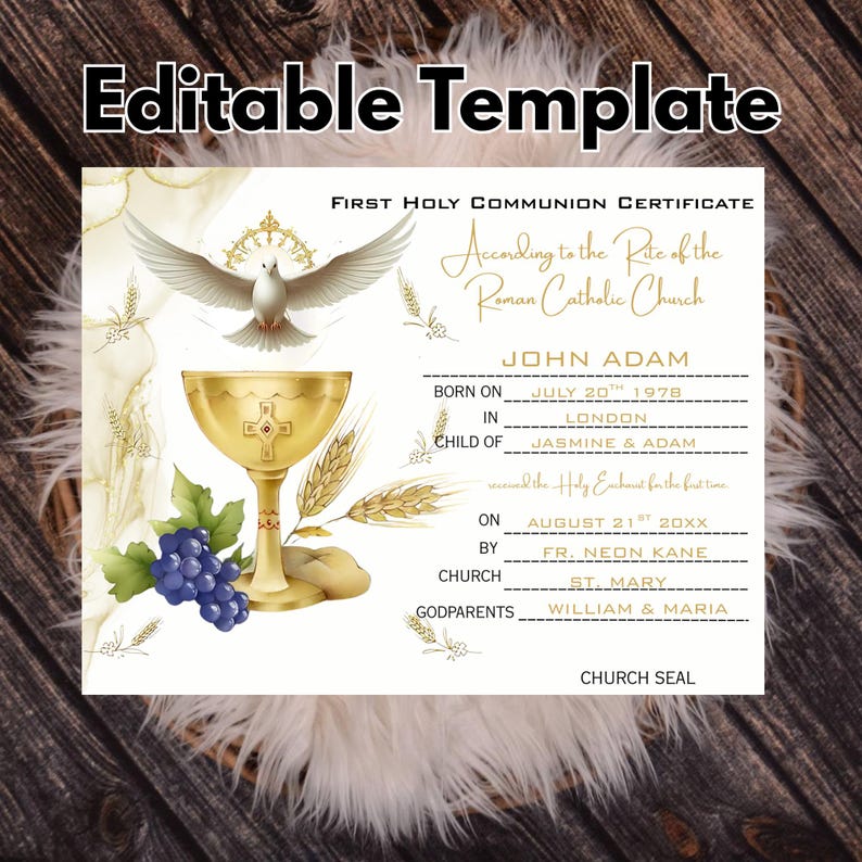 First Communion Certificate, 11x8.5 Printable First Communion ...