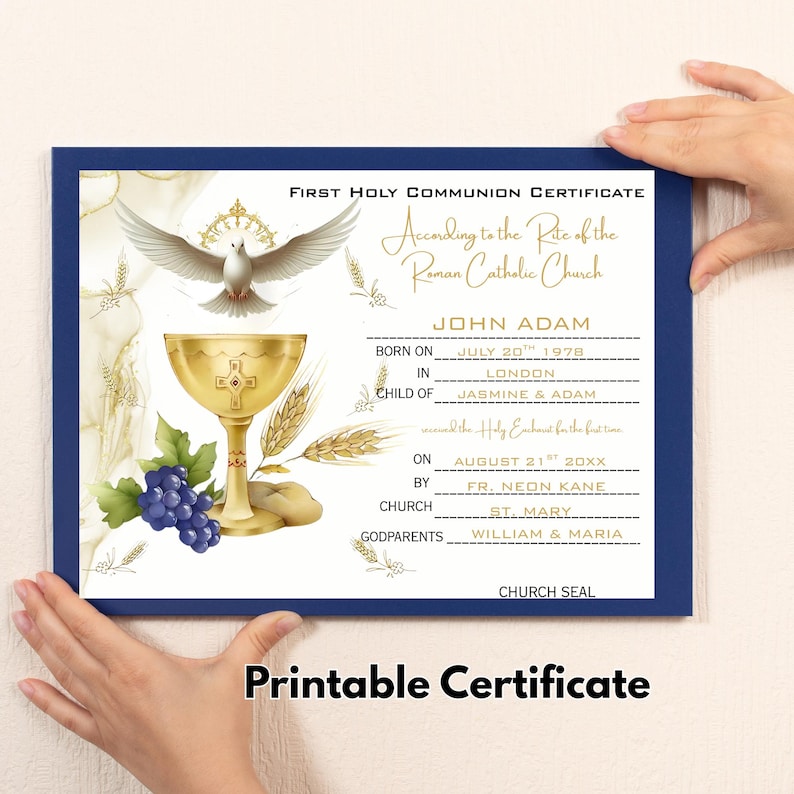 First Communion Certificate, 11x8.5 Printable First Communion ...