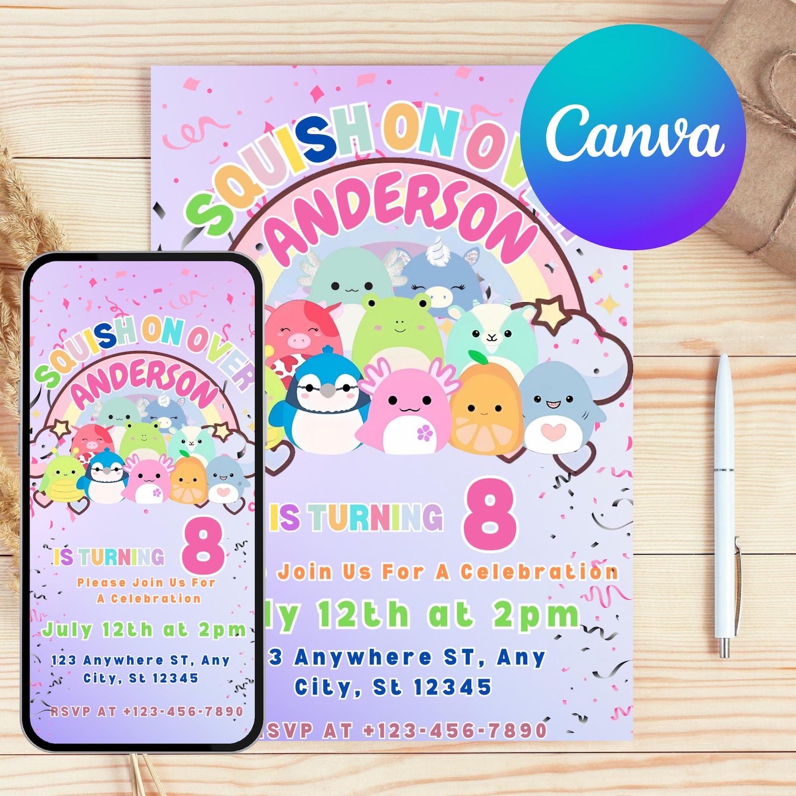 Editable Squishmallow Birthday Invitation: Printable Party Template ...