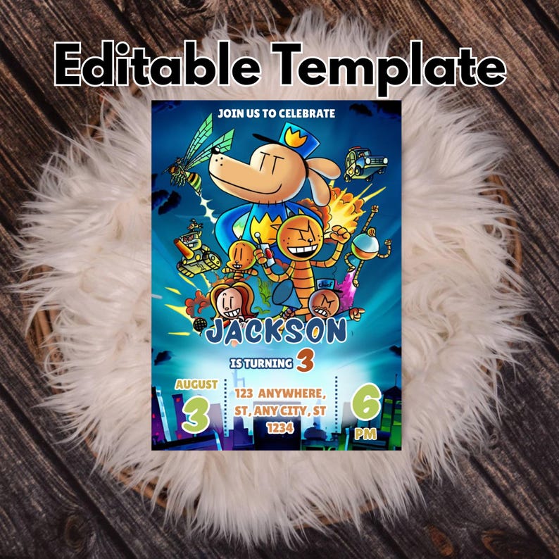 Editable Dog Man Birthday Invitation, Dog Man Invitation, Editable Kids ...