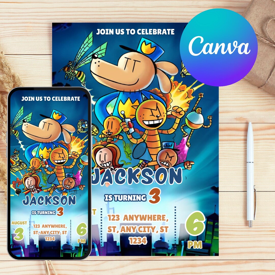 Editable Dog Man Birthday Invitation, Dog Man Invitation, Editable Kids ...