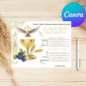 First Communion Certificate, 11x8.5 Printable First Communion ...