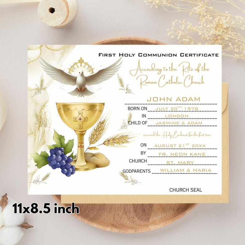 First Communion Certificate, 11x8.5 Printable First Communion ...