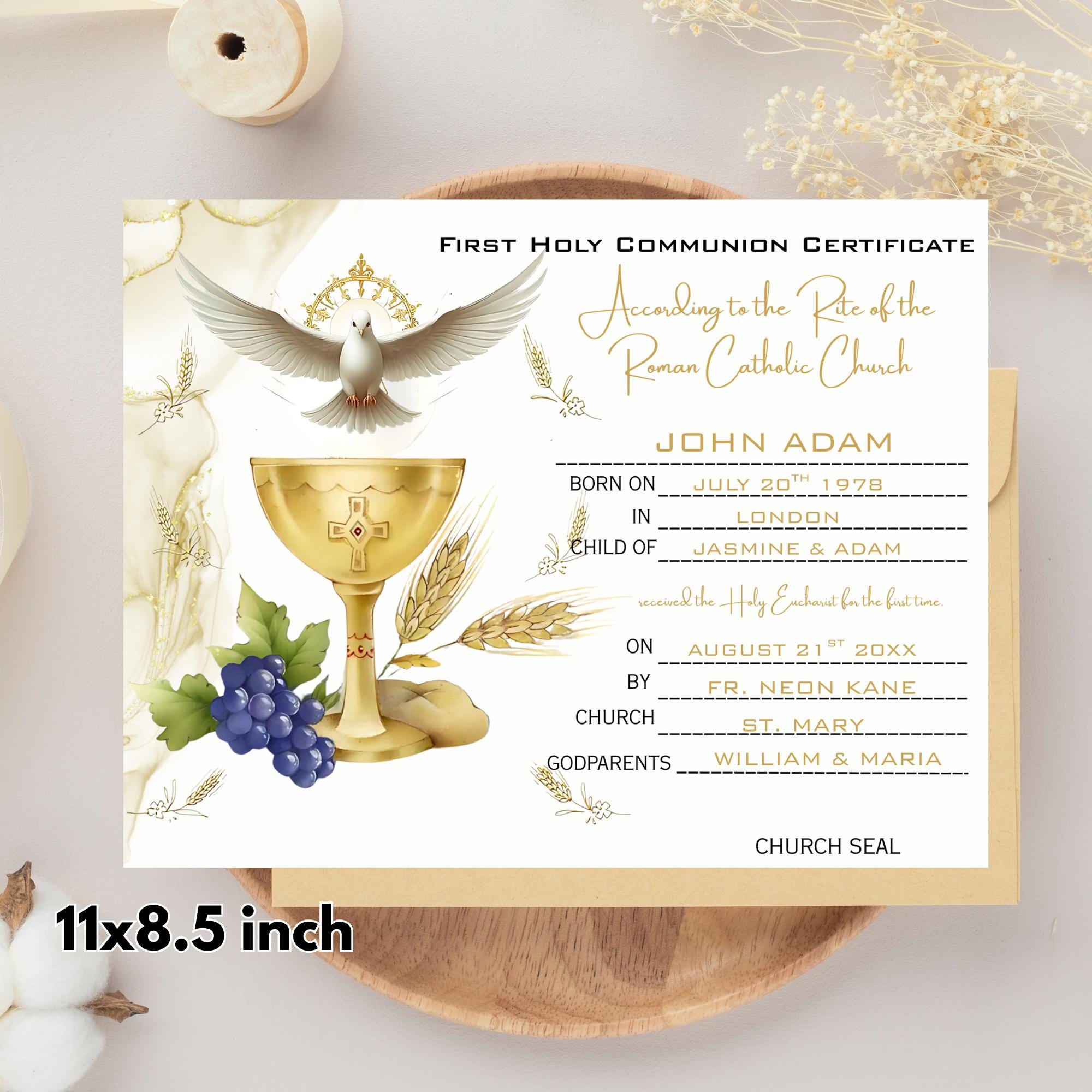 First Communion Certificate, 11x8.5 Printable First Communion ...