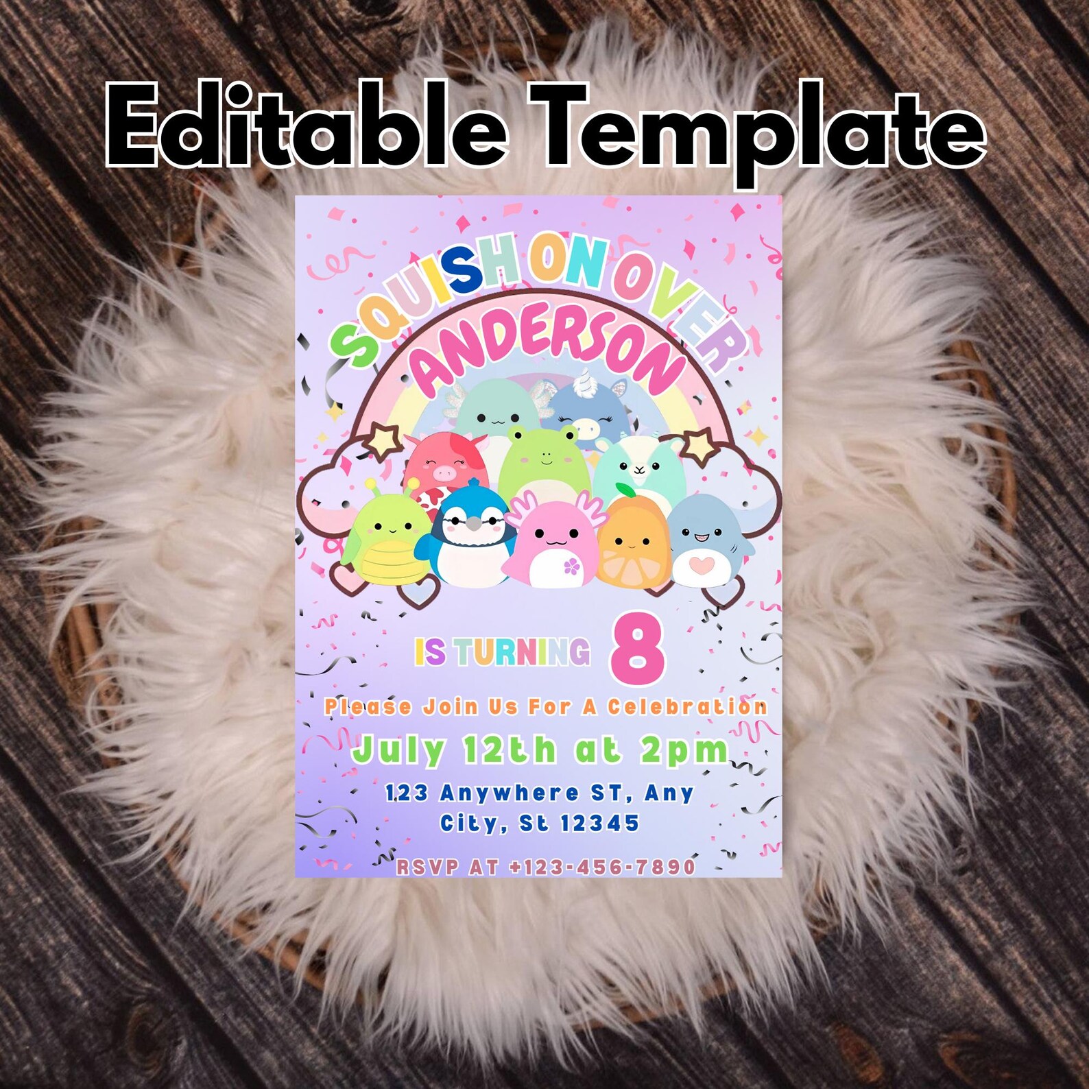 Editable Squishmallow Birthday Invitation: Printable Party Template ...