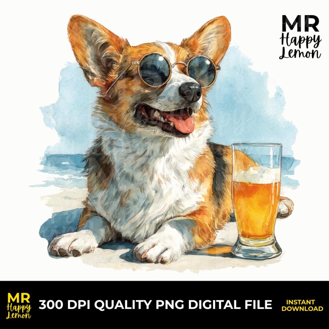Hand-painted Corgi Beach and Beer PNG Sun Bathing Dog Sublime (digital ...