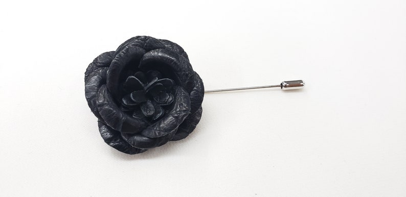 2" Black Embossed Leather Flower Lapel Pin. Opened Rose Flower Brooch ...
