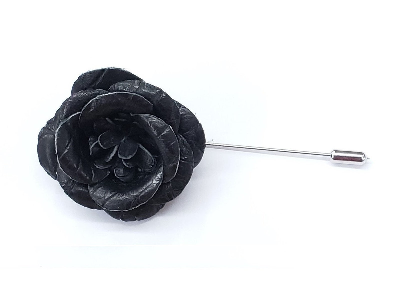 2" Black Embossed Leather Flower Lapel Pin. Opened Rose Flower Brooch ...