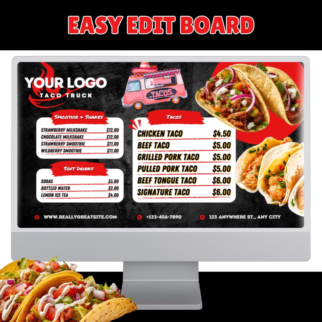 Editable Food Truck Menu Template | Taco Truck Canva Menu Board ...