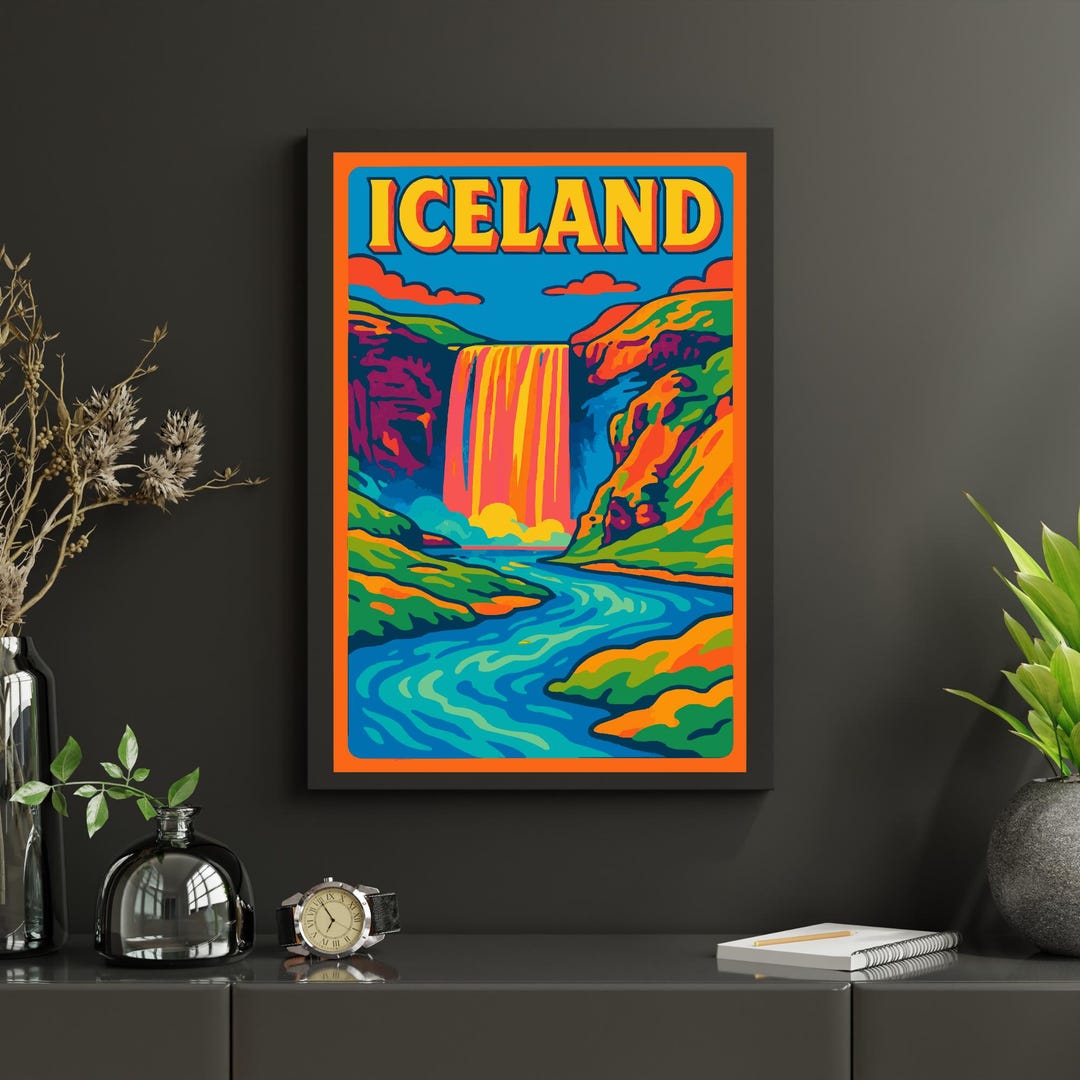 Iceland Waterfalls Pop Art Travel Poster | Colorful Retro Iceland Wall ...