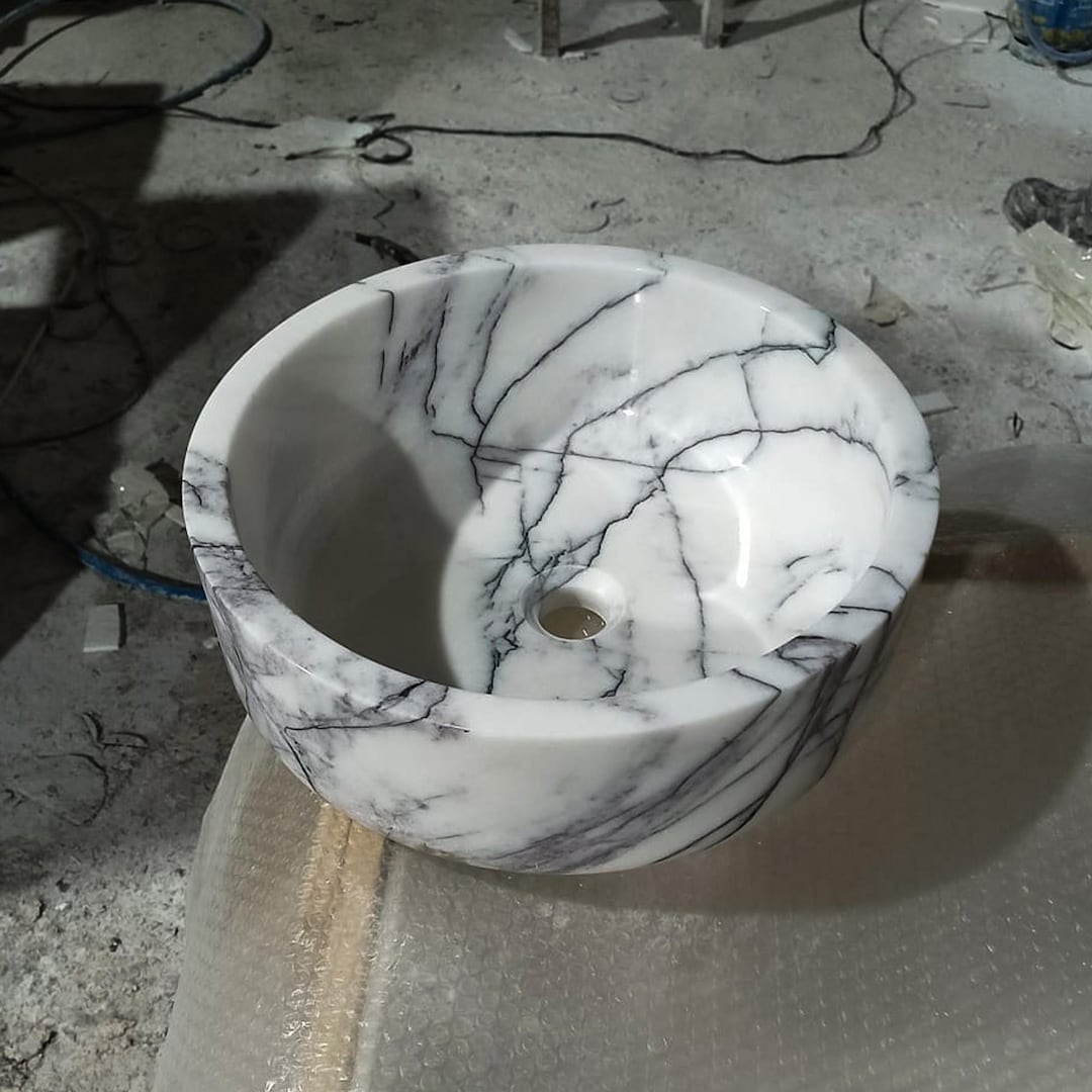 Round Marble Sink Bowl – Carrara Natural Stone Basin for Bathroom ...