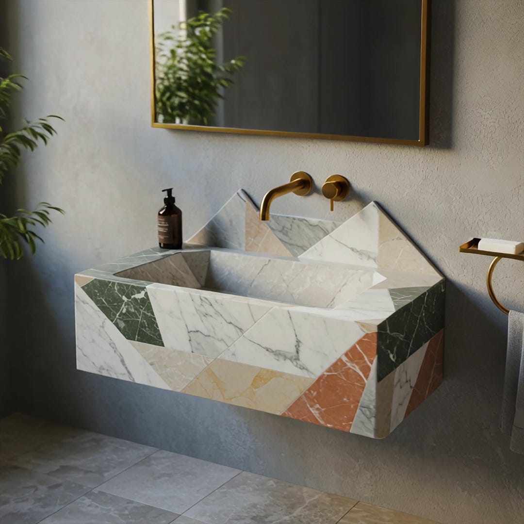 Handmade Patchwork Marble Wall Mounted Sink – Unique Stone Vessel Basin ...