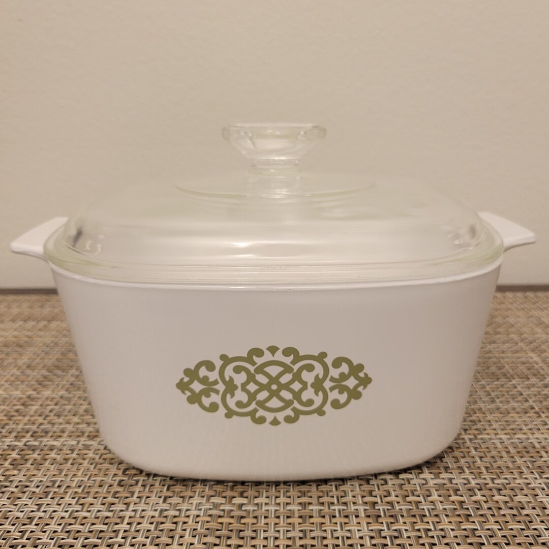 Vintage Corningware GREEN MACRAME MEDALLION Pattern 3qt Casserole Dish ...