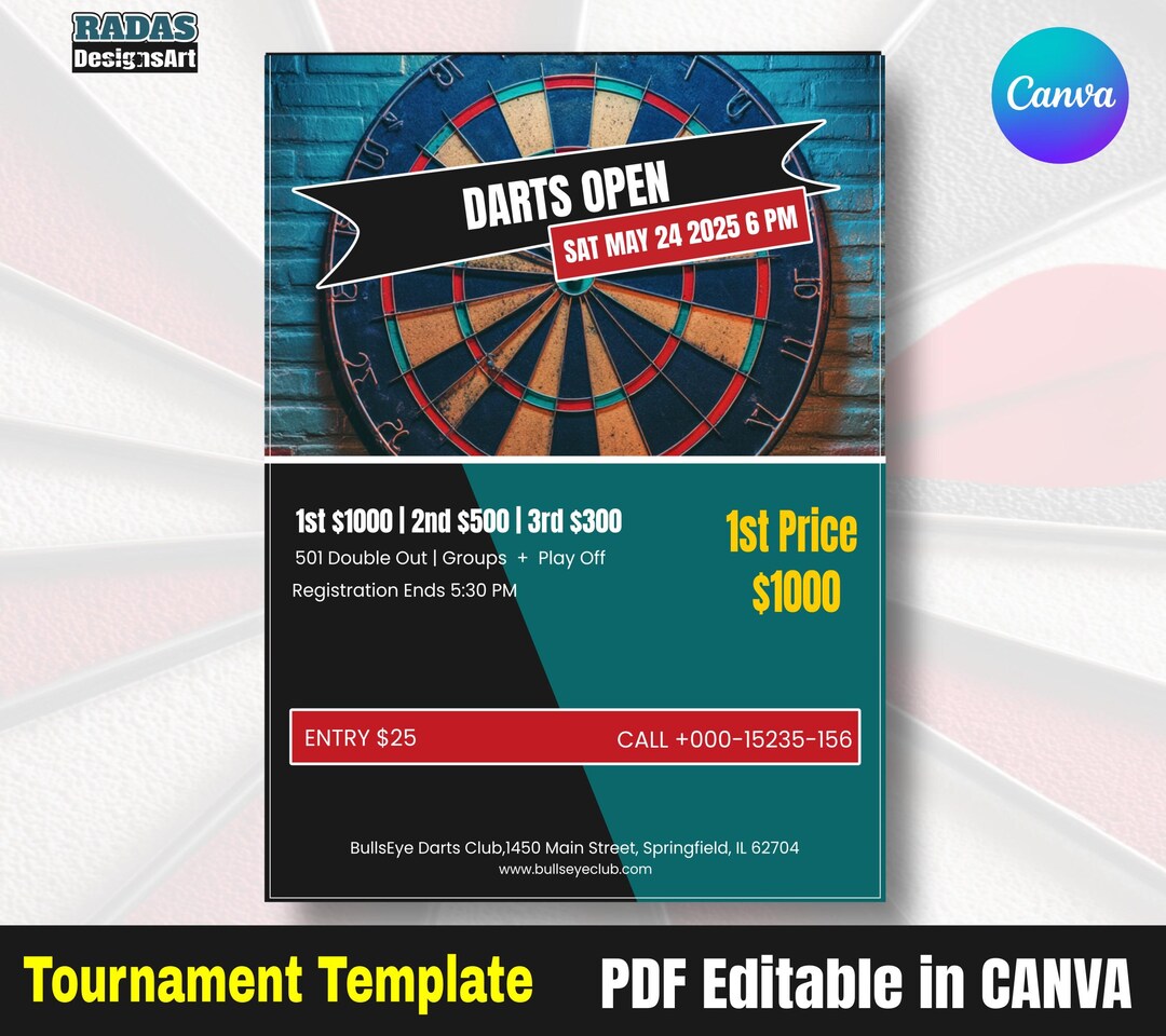 Darts Tournament Flyer Template: Editable Game Night Poster (PDF ...