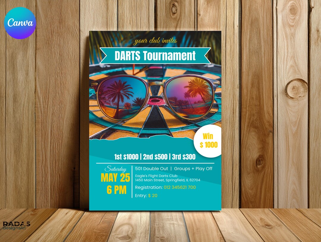 Summer Darts Tournament Poster Printable, Editable Flyer Template for ...