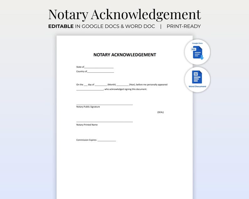 Notary Acknowledgement Form | Printable Notary Letter & Notarization ...