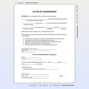 Letter of Guardianship Template | Editable Legal Custody Form | Notary ...