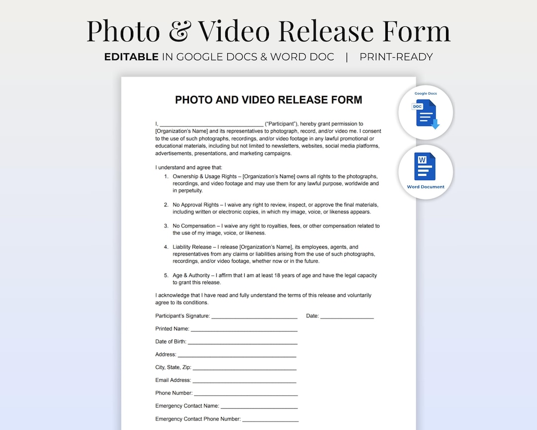 Photo & Video Release Form Template | Editable Media Consent Form ...