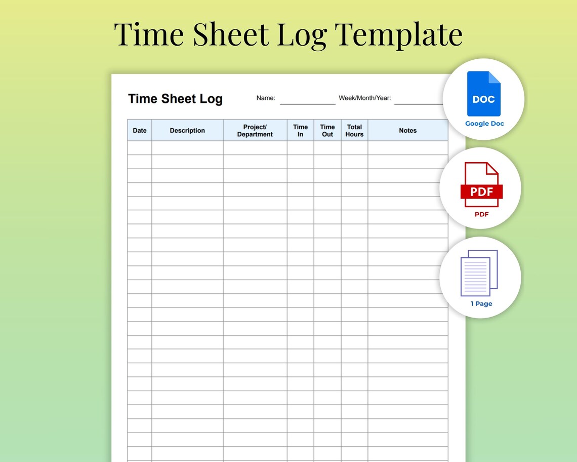Time Sheet Log Template Editable & Printable | A4 Timesheet PDF and ...