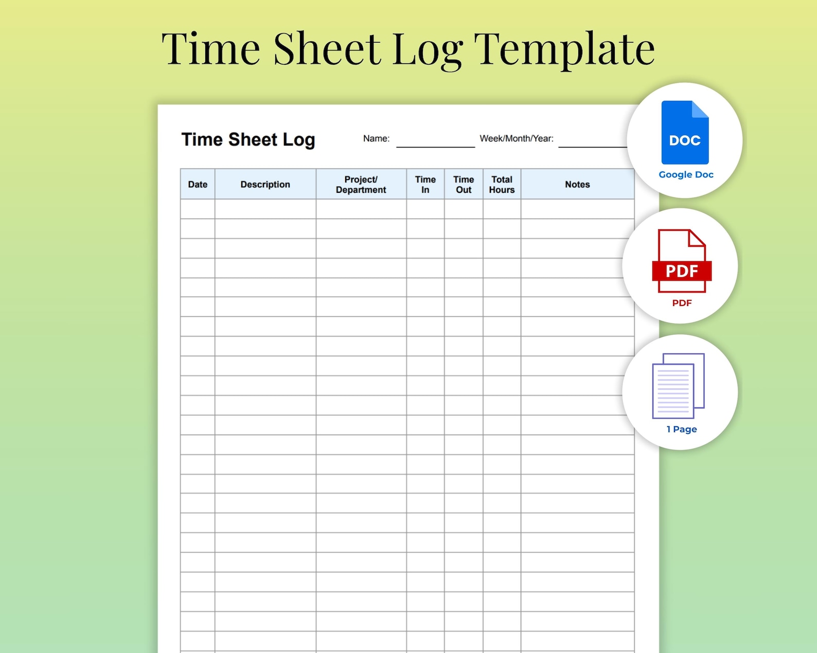 Time Sheet Log Template Editable & Printable | A4 Timesheet PDF and ...