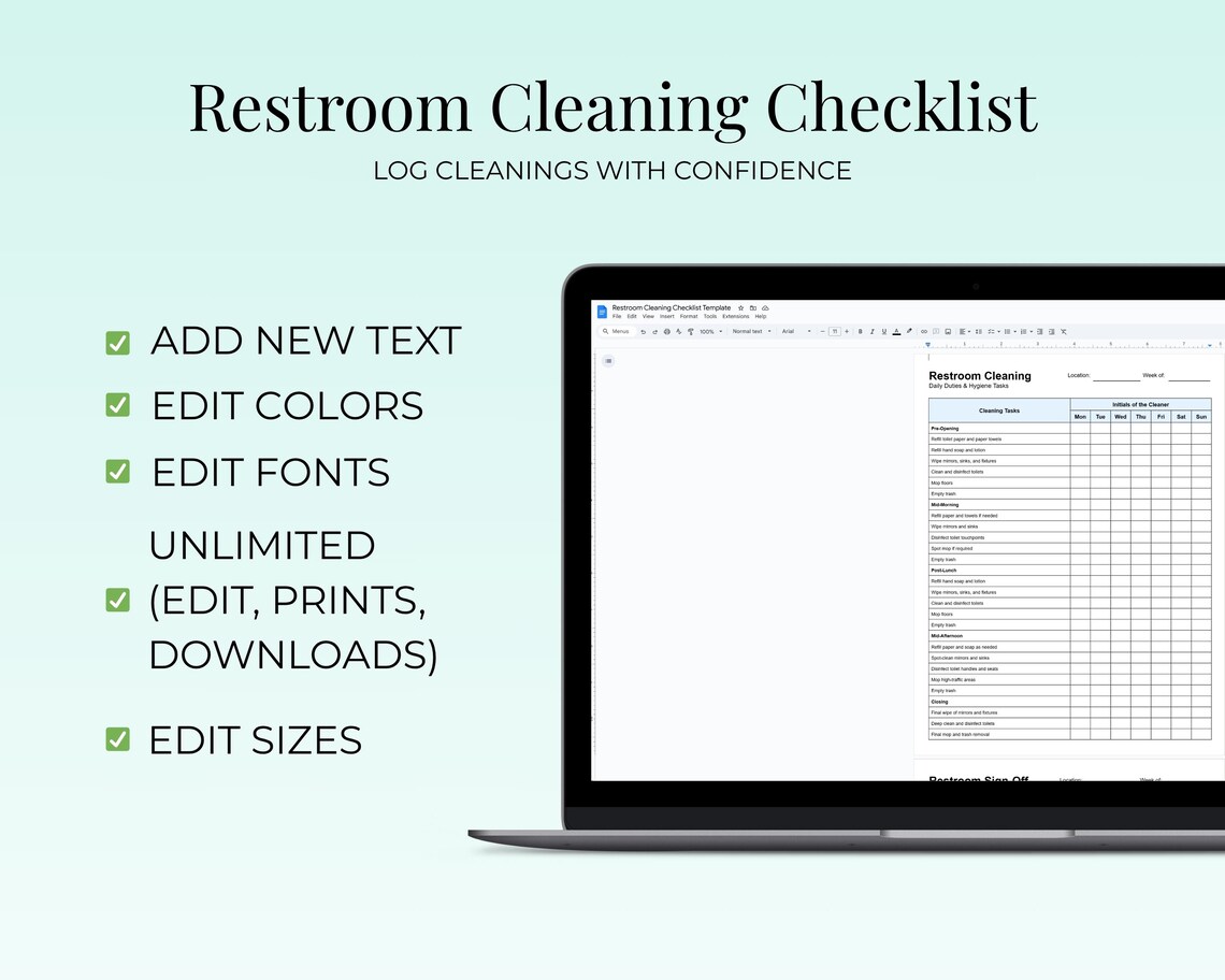 Editable Restroom Cleaning Checklist Template | Daily Bathroom Cleaning ...