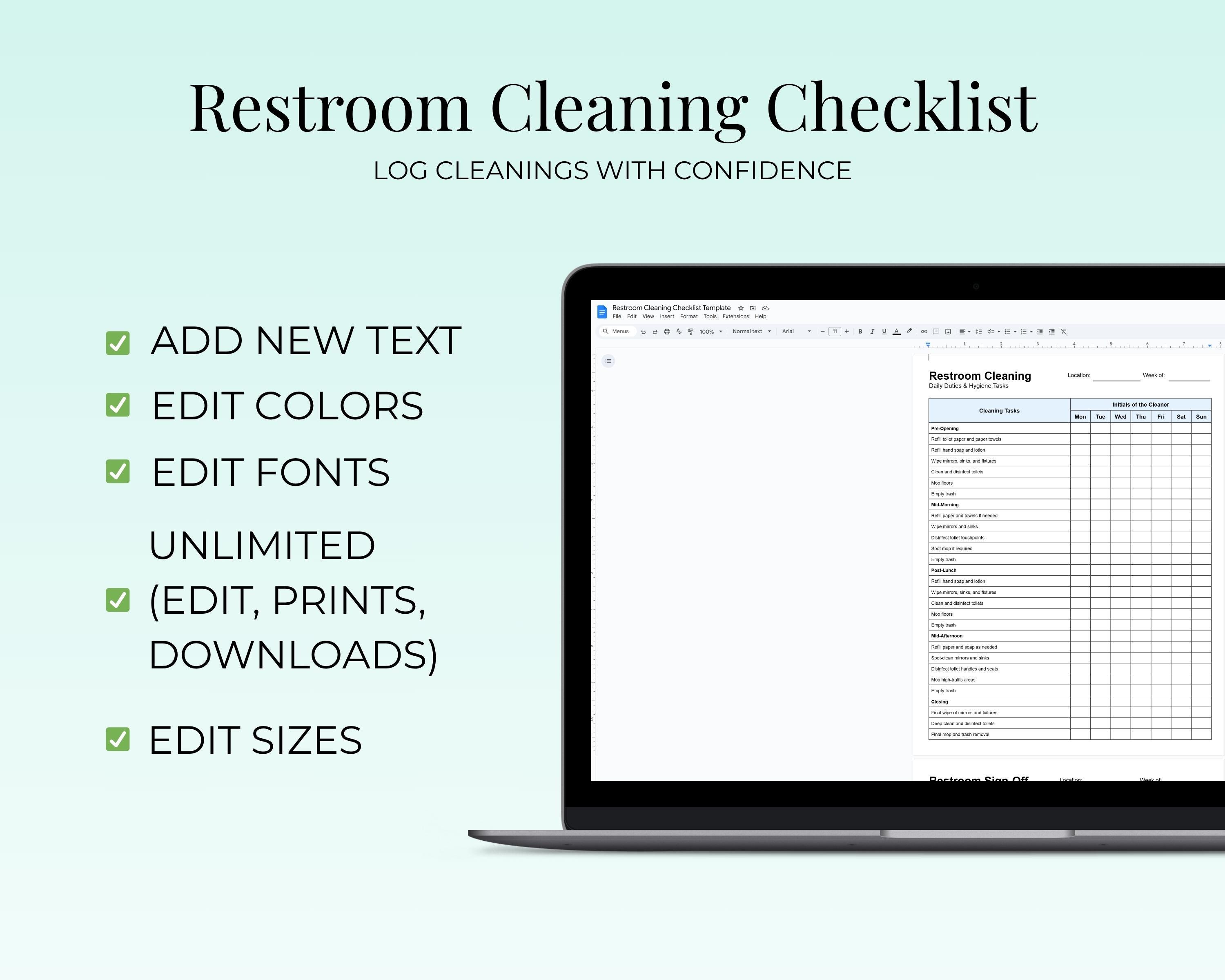 Editable Restroom Cleaning Checklist Template | Daily Bathroom Cleaning ...