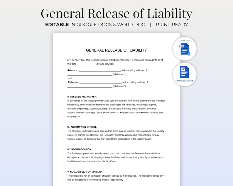 General Release of Liability Template | Editable Waiver, Indemnity & Hold Harmless Agreement ...