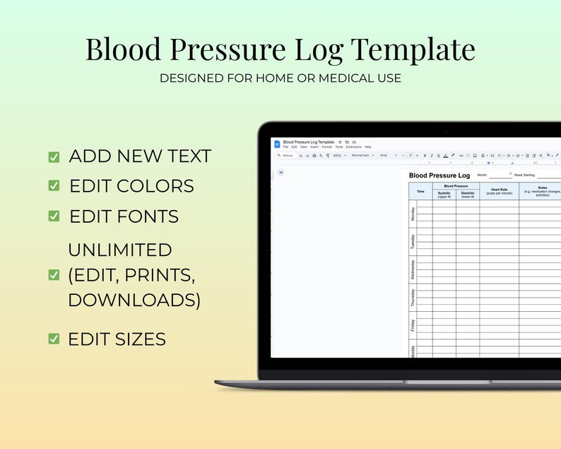 Blood Pressure Log Template Editable & Printable | A4 Tracker PDF and ...