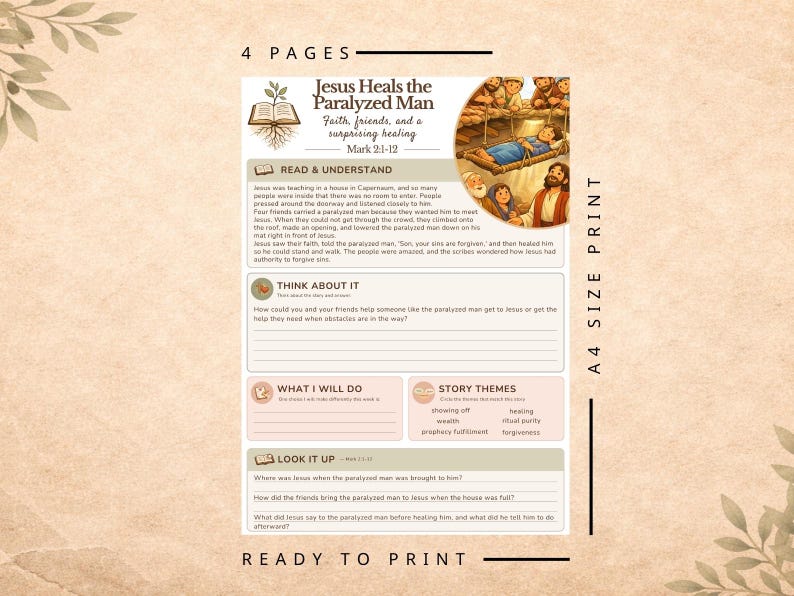 Jesus Heals Paralyzed Man Activity Pack for Kids | Mark 2:1–12 Bible ...