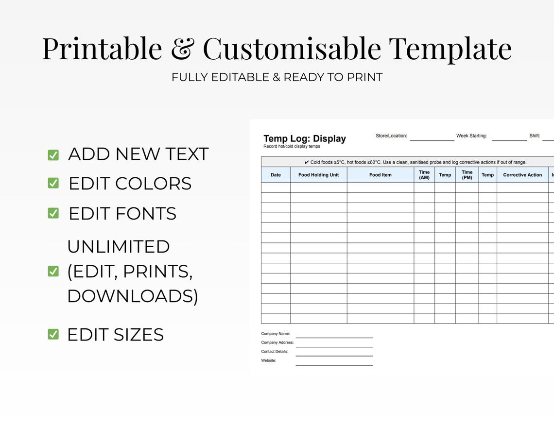Hot & Cold Food Temperature Log | Display Temp Record Sheet for Am/pm ...