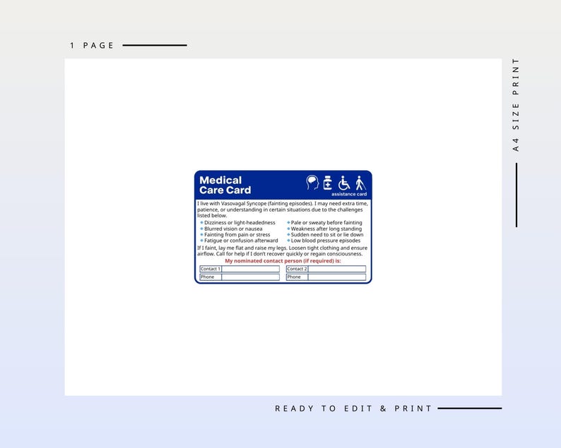 Vasovagal Syncope Assistance Card – Fainting Episode Support Card ...