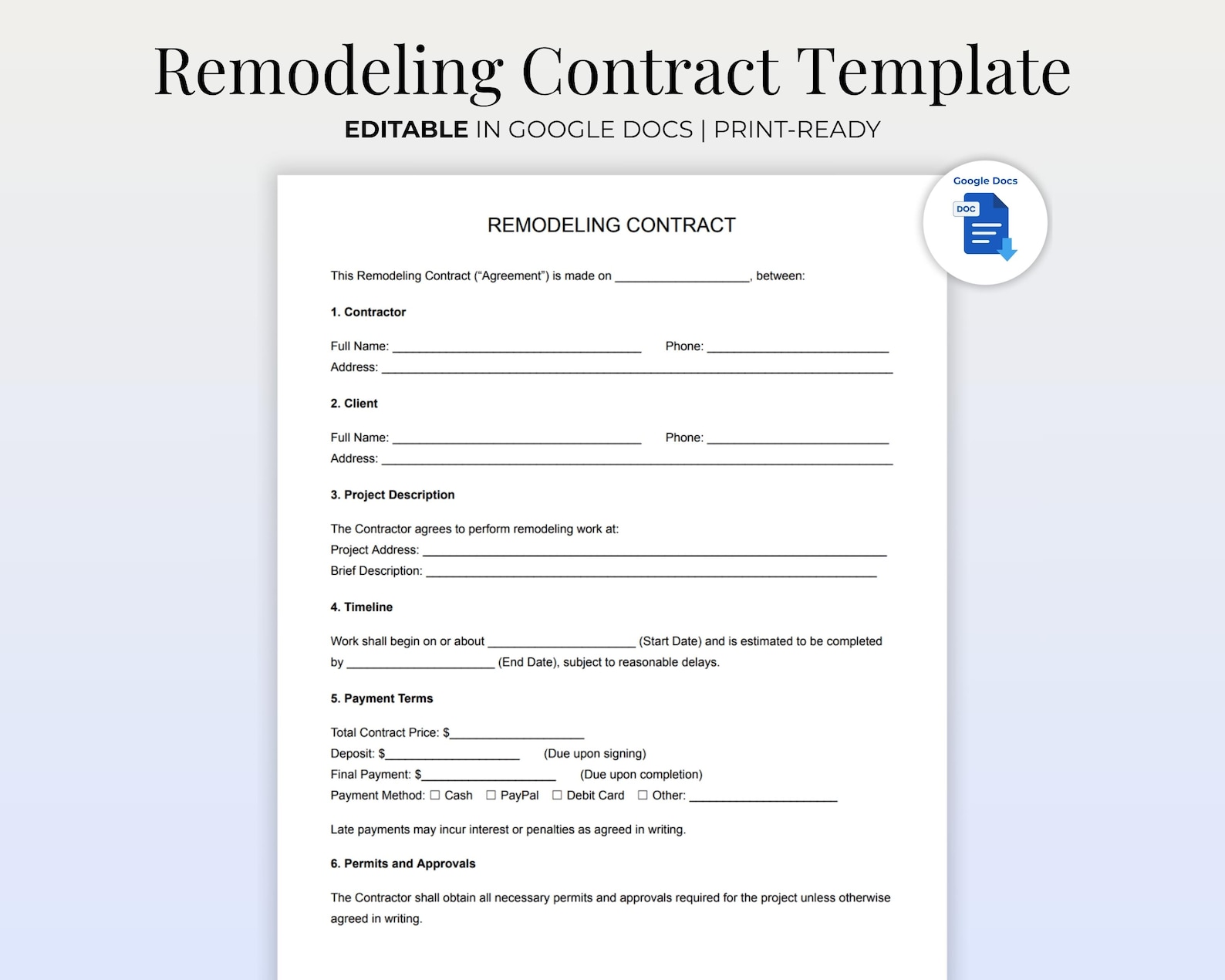 Editable Remodeling Contract Template (google Docs) | Home Renovation ...