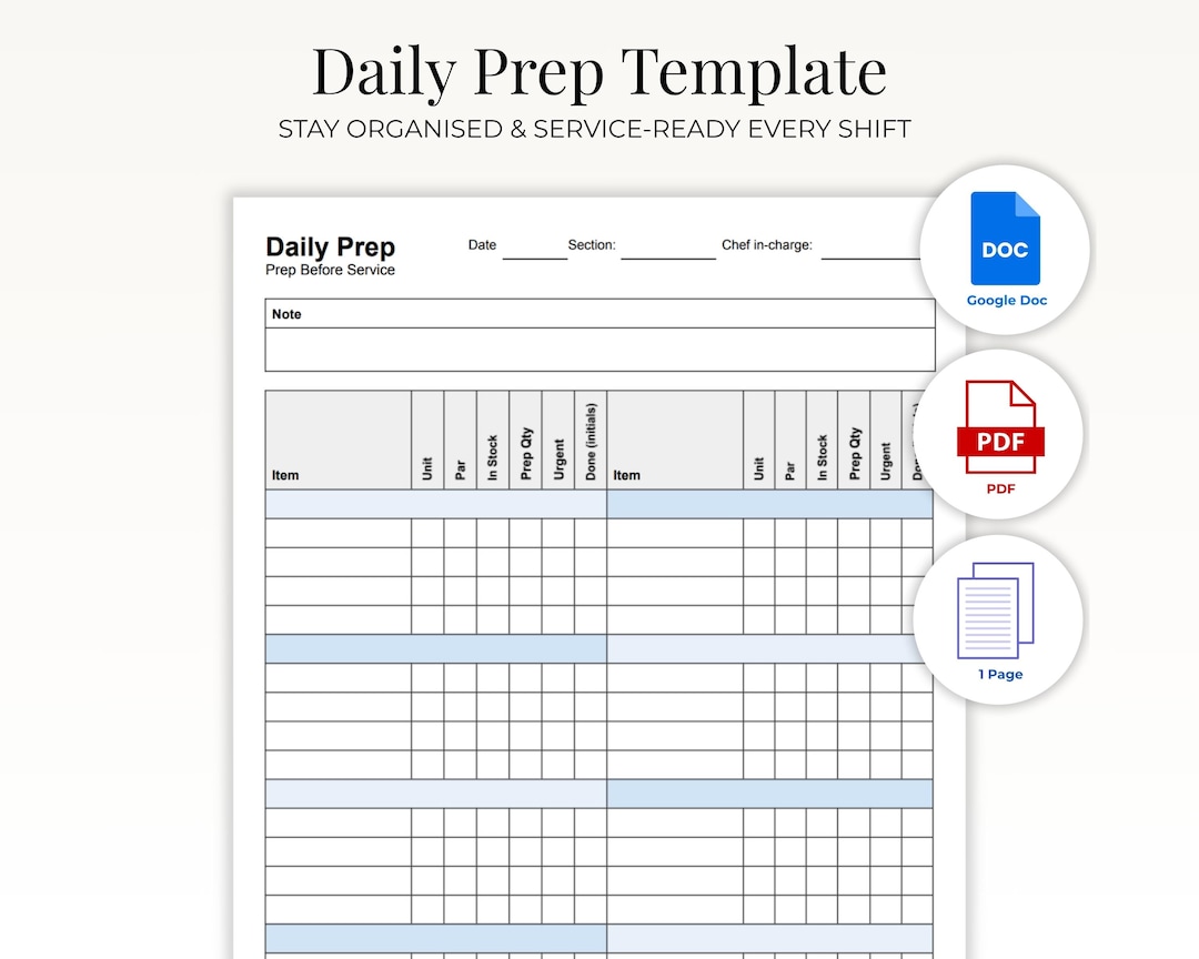 Daily Kitchen Prep Sheet | Editable Chef Checklist PDF | Restaurant Par ...