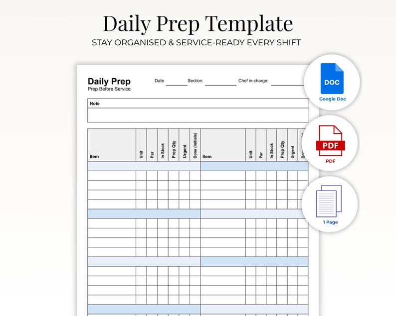 Daily Kitchen Prep Sheet | Editable Chef Checklist PDF | Restaurant Par ...