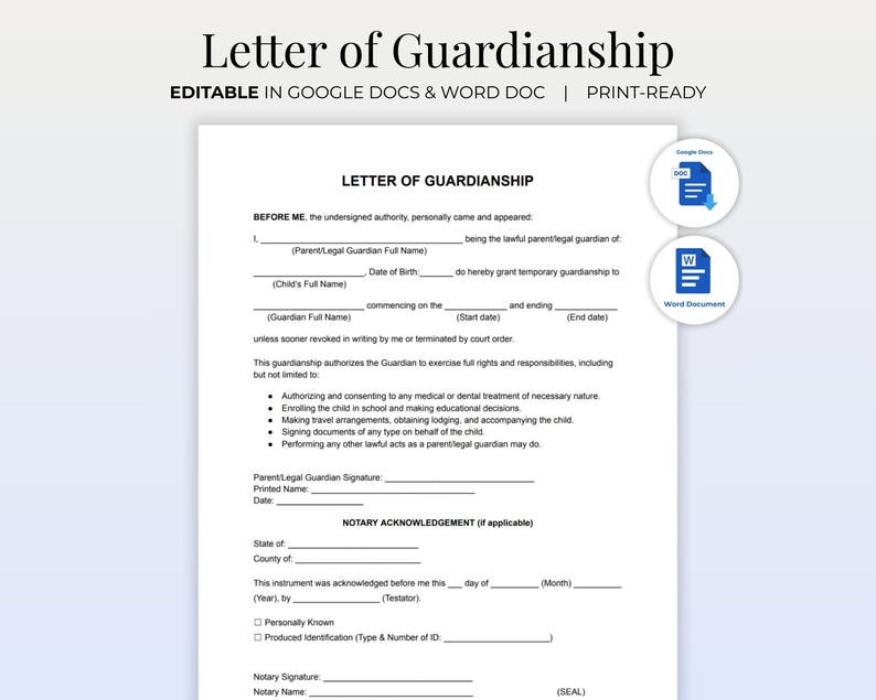 Letter of Guardianship Template | Editable Legal Custody Form | Notary ...