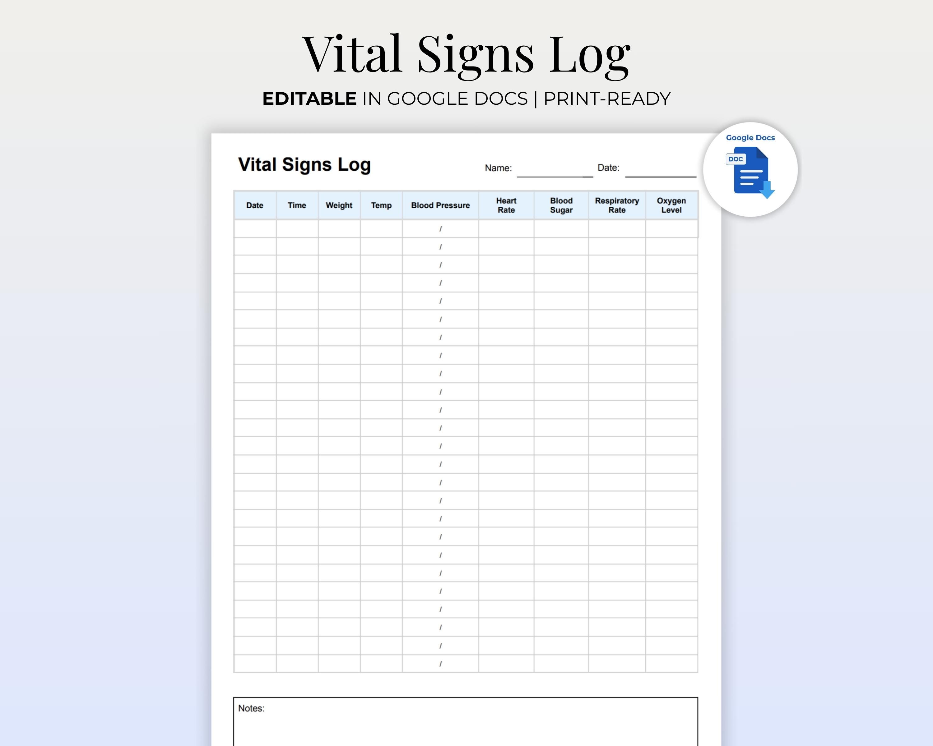 Printable Vital Signs Log | Medical Health Tracker | Blood Pressure ...