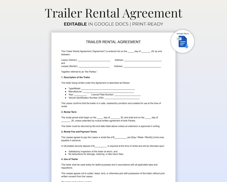 Editable Trailer Rental Agreement Template (google Docs) | Vehicle Hire ...