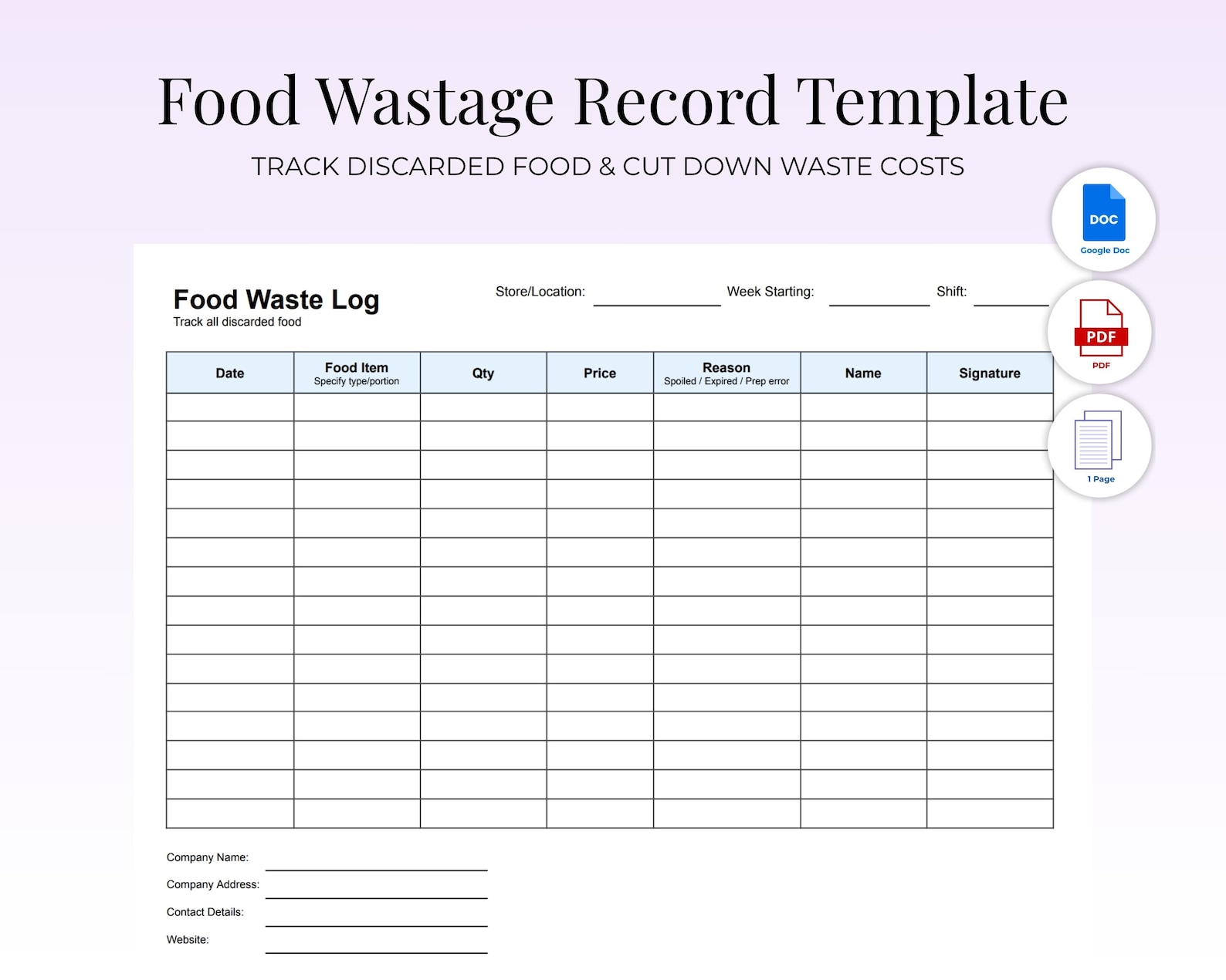Food Waste Log Sheet | Track Spoiled, Expired & Prep Error Waste ...